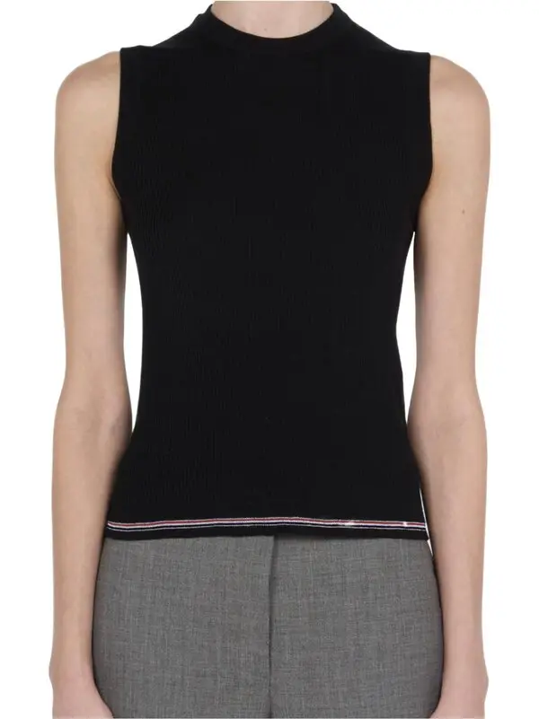 Thom Browne Ribbed Sleeveless Top With Striped Hem - Black