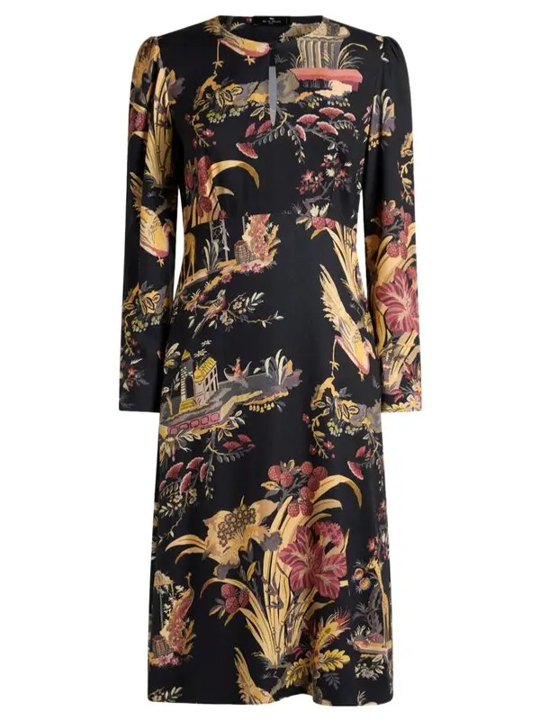 Etro Crepe Midi Dress With Floral And Animal Motif - Multicolor