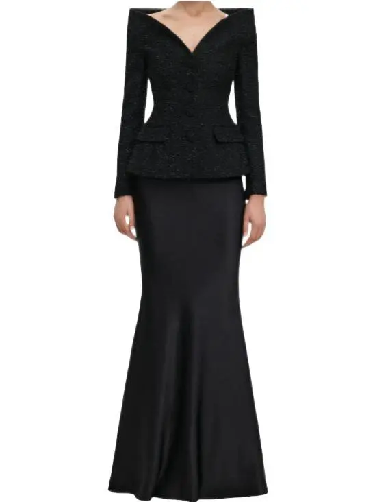 SELF-PORTRAIT Metallic Boucle Satin Maxi Dress - Black