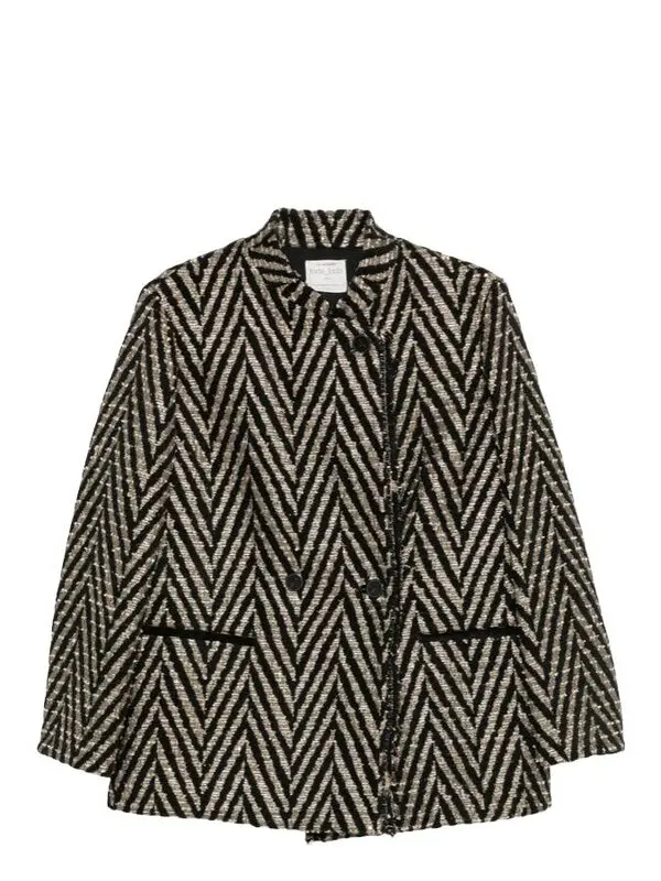 FORTE_FORTE Herringbone Knit Jacket With Fringe Detail - Black Chevron Pattern