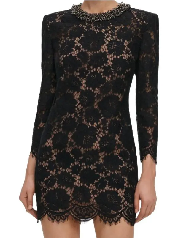 SELF-PORTRAIT Lace Long Sleeve Mini Dress With Embellished Neckline - Black