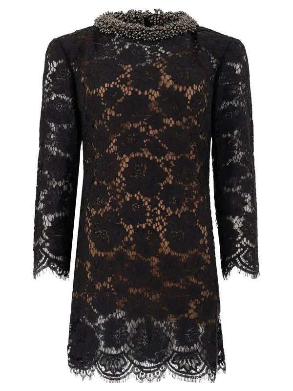 SELF-PORTRAIT Jewel Collar Lace Mini Dress - Black