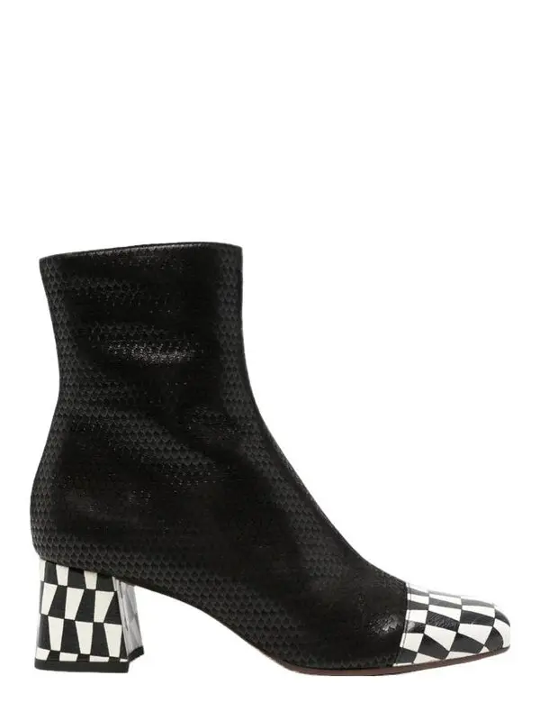 Chie Mihara Square-toe Ankle Boots With Checkerboard Print - Black