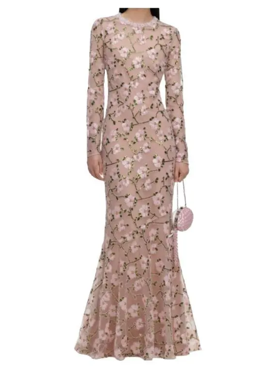 SELF-PORTRAIT Floral Sequin Maxi Dress - Pink