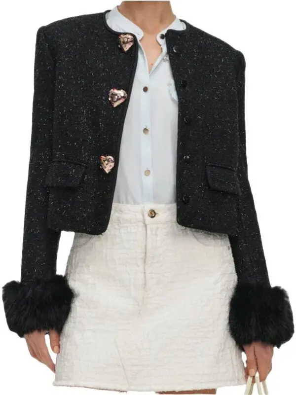 SELF-PORTRAIT Metallic Boucle Jacket With Detachable Faux Fur Cuffs - Black