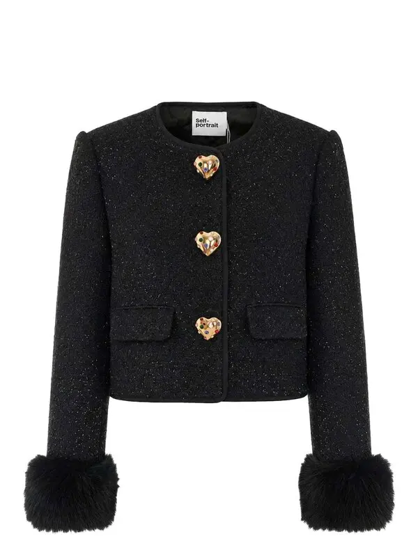 SELF-PORTRAIT Metallic Boucle Jacket With Detachable Faux Fur Cuffs - Black