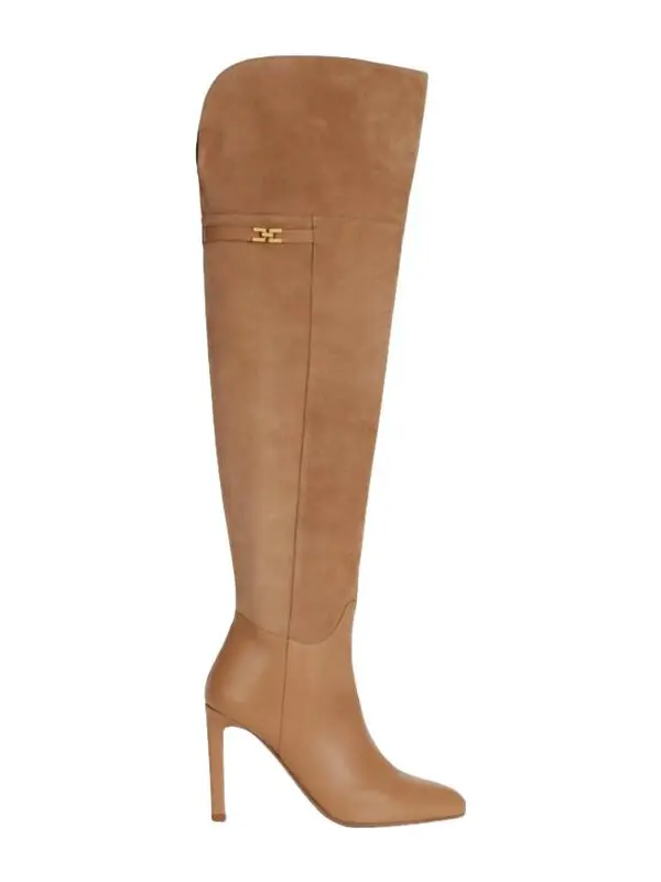Elisabetta Franchi Over The Knee Boots With Side Zipper And Logo Plaque - Beige