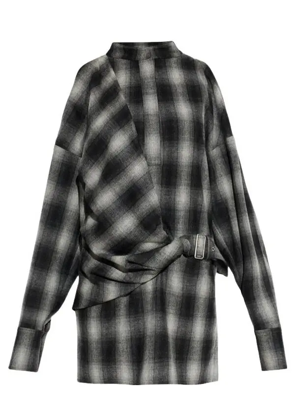 IRO PARIS Plaid High Neck Off-the-shoulder Dress With Buttoned Cuffs - Dark Grey