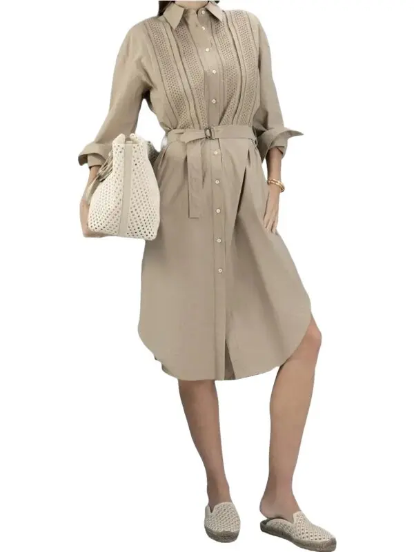 Brunello Cucinelli Broderie Anglaise Belted Midi Shirt Dress - Light Brown
