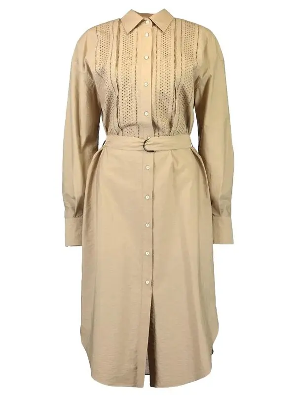 Brunello Cucinelli Broderie Anglaise Belted Midi Shirt Dress - Light Brown