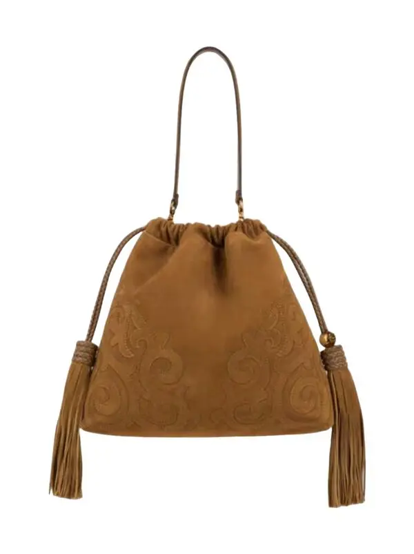 Etro Medium Suede Kalispera Bag With Patch And Tassels - Camel