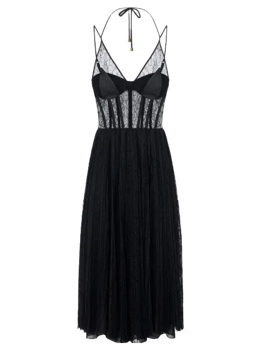 Elisabetta Franchi Lace-panelled Pleated Midi Dress - Black