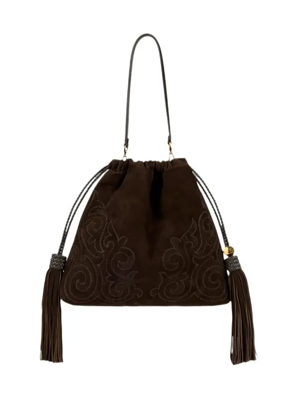 Etro Kalispera Suede Bag With Patch And Tassels - Brown