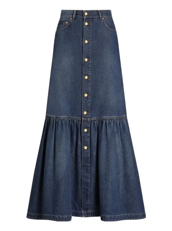Dolce & Gabbana Midi Denim Skirt With Logo Plate - No