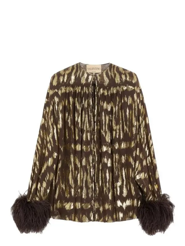 Valentino Garavani Sequined Jacquard Shirt With Feather Cuffs - Brown