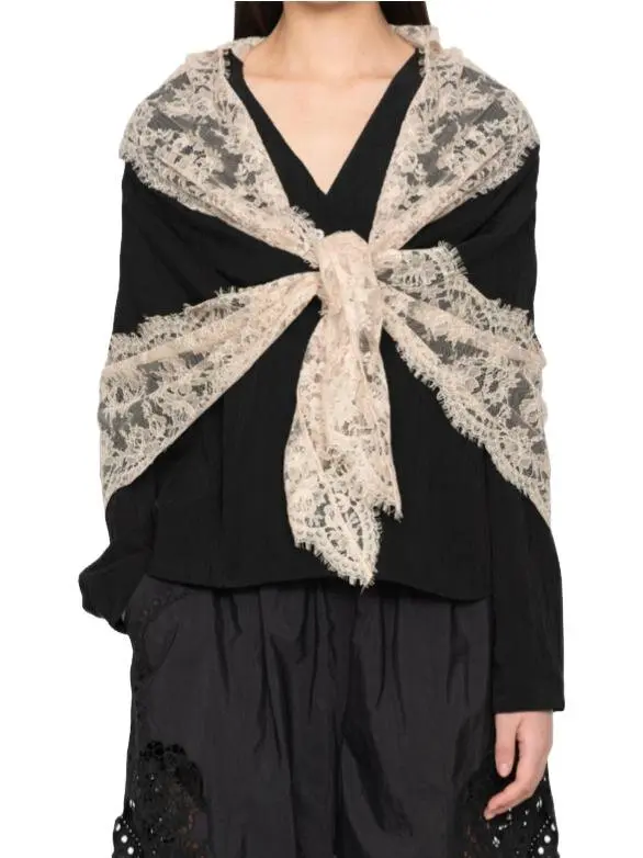 Sea Lace-trimmed V-neck Blouse With Detachable Scarf - Black