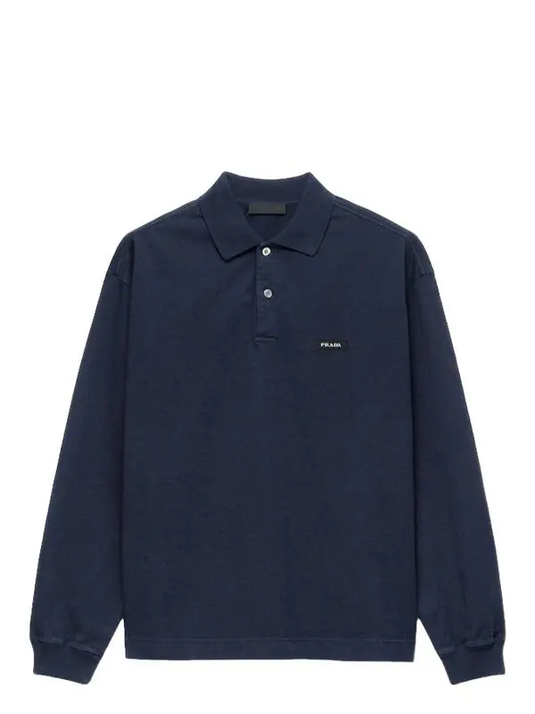 Prada Logo Patch Long-sleeve Polo Shirt - Navy