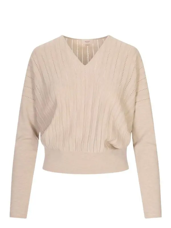 Agnona V-neck Long Sleeve Ribbed Knit Pullover - Nude