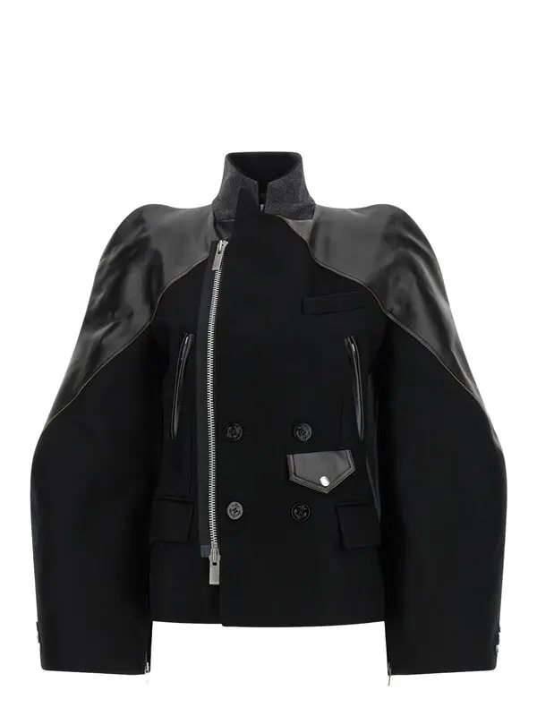 Sacai Melton Wool Jacket With Asymmetric Zipper And Leather Details - Black