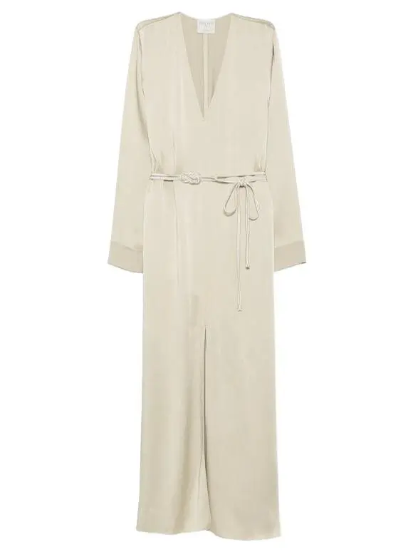 FORTE_FORTE Long-sleeved V-neck Dress With Belt And Slit - Nude