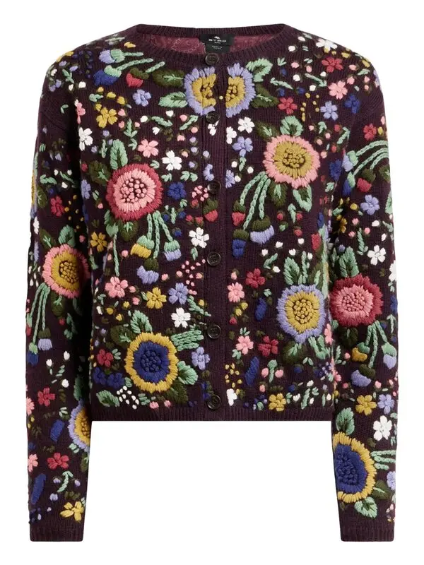 Etro Floral Embroidered Wool Cardigan - Purple