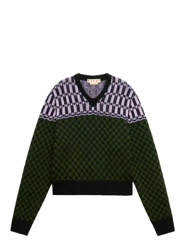 Marni Geometric Motif V-neck Jumper - Stone Green