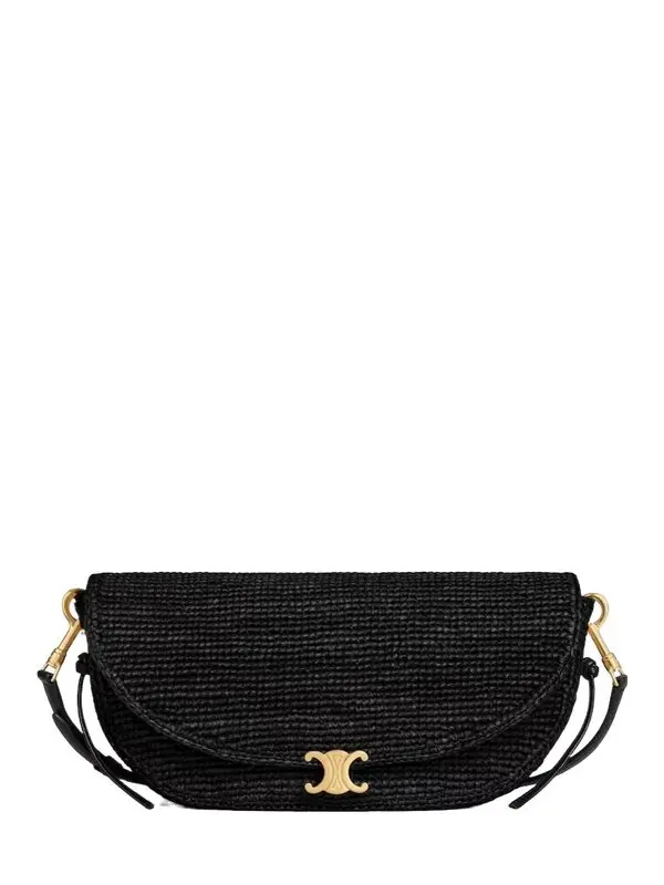 Celine Little Halfmoon Soft Triomphe Bag In Raffia And Lambskin - Black