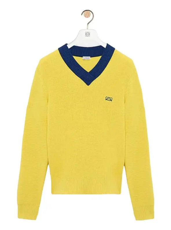 Loewe Long-sleeved V-neck Sweater With Embroidered Double Pattern - Yellow/blue