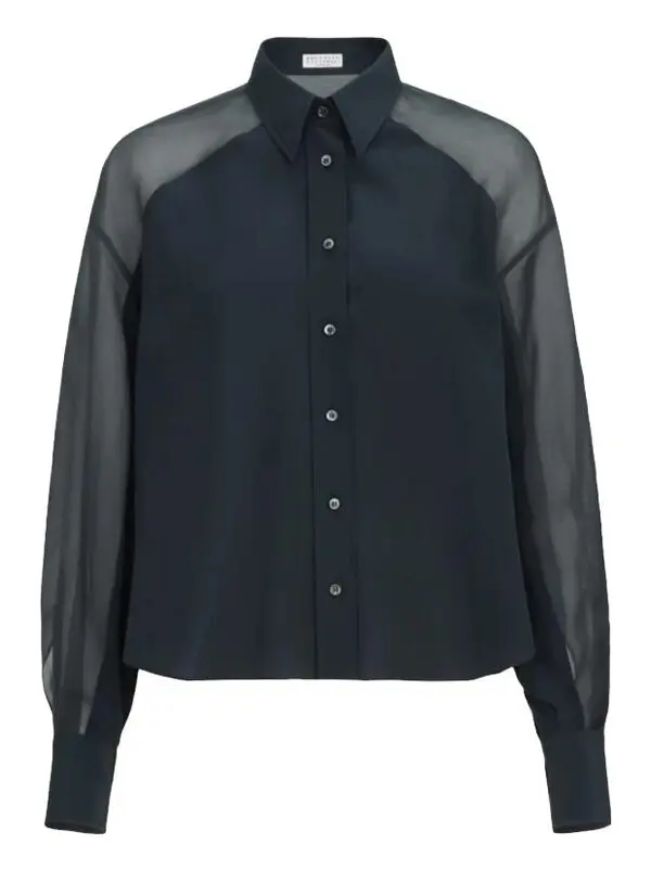 Brunello Cucinelli Silk Crêpe De Chine Paneled Shirt With Monili Embellishment - Blue
