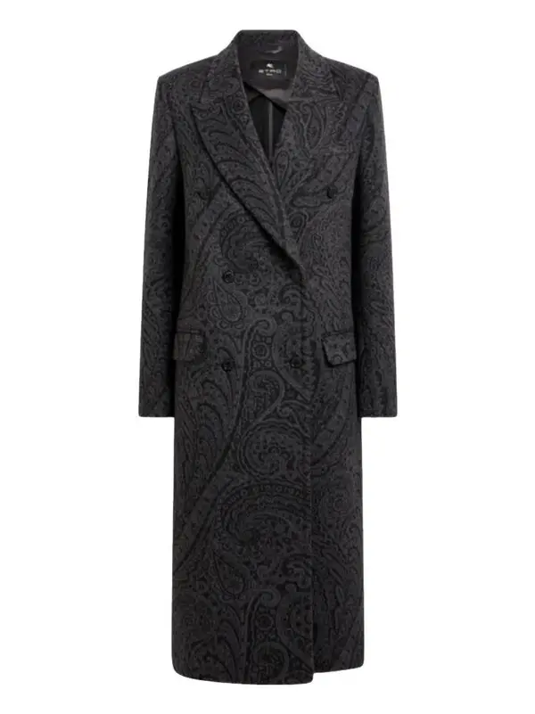 Etro Double-breasted Wool Jacquard Coat With Paisley Motif - Grey
