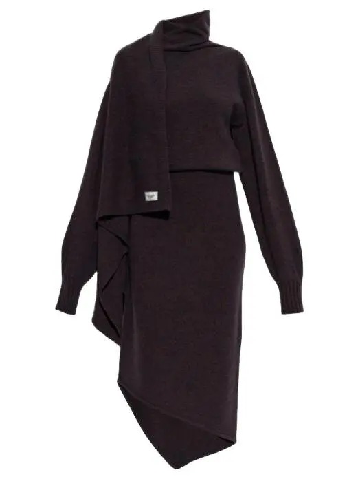 Attico Asymmetrical High Neck Long Sleeve Knit Dress - Brown