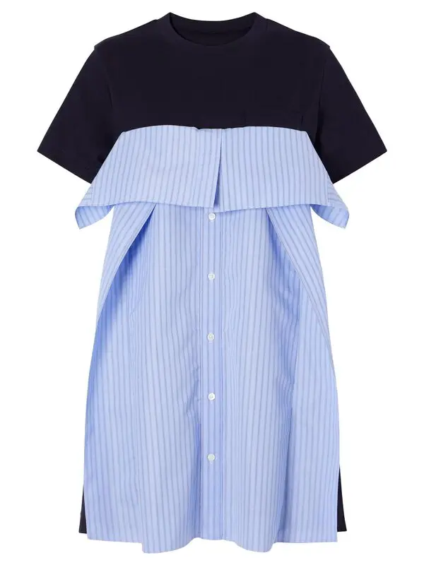Sacai Paneled Ruffled Cotton-jersey And Poplin Mini Dress - Blue