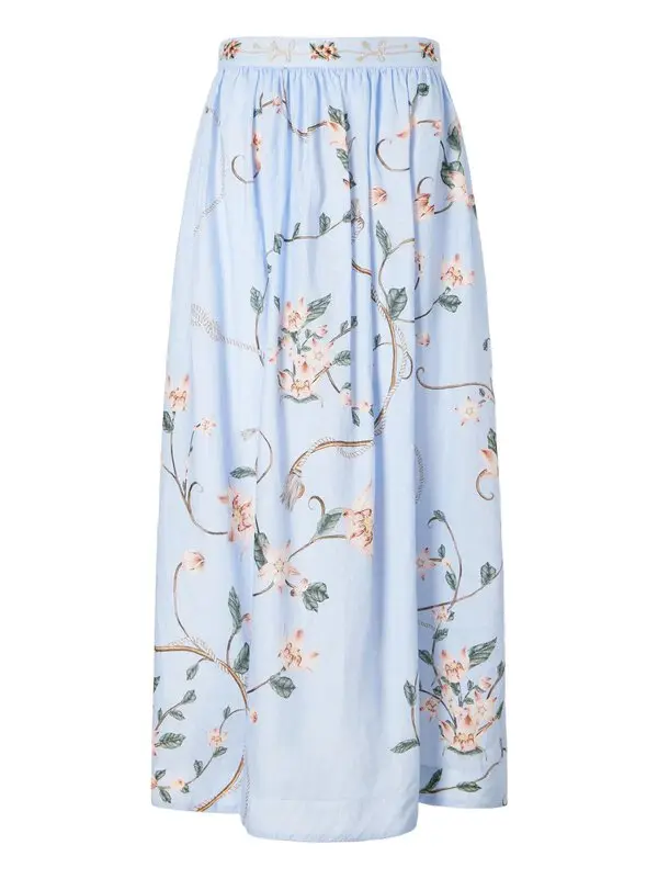 Agua Bendita Embroidered Floral Linen Maxi Skirt - Blue