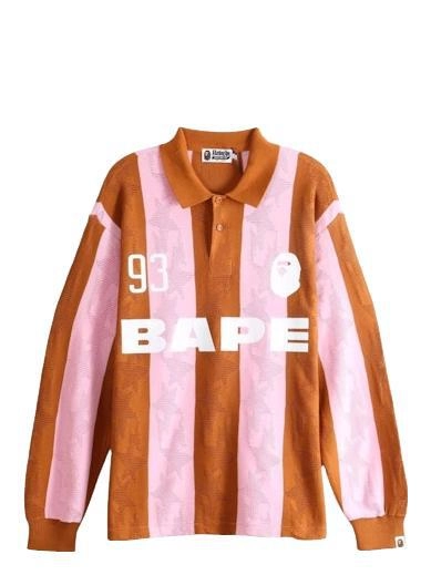 A BATHING APE Sta Stripe Pattern Jacquard Logo Relaxed Fit Long Sleeve Tee Shirt - Beige