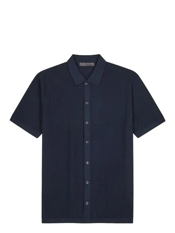 PAUL JAMES KNITWEAR Organic Cotton Dante Linen Patterned Shirt Navy - Blue