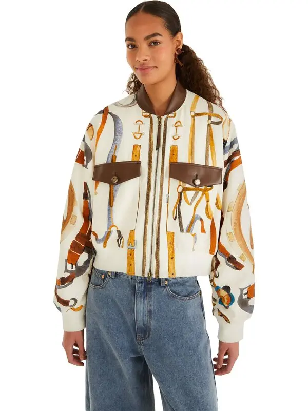 Farm Rio Off-white Equestrian Print Bomber Jacket With Leather Pockets - Orange