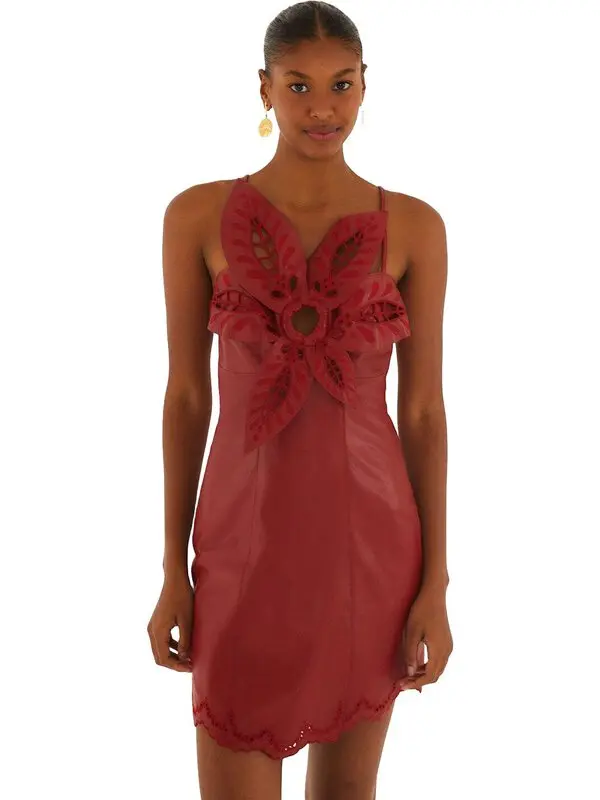 Farm Rio 3d Richelieu Flower Leather Mini Dress - Red