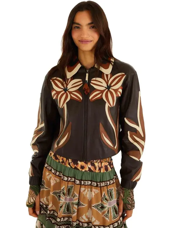 Farm Rio Flower Cutwork Leather Jacket - Brown