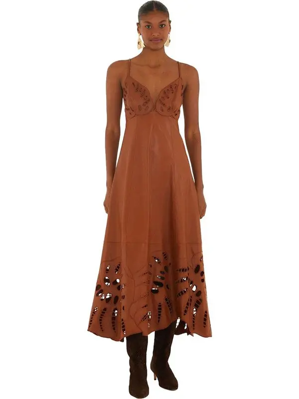 Farm Rio Monstera Cutwork Leather Midi Dress - Brown