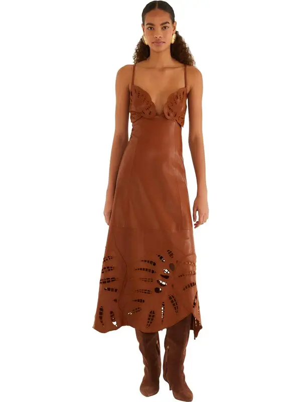 Farm Rio Monstera Cutwork Leather Midi Dress - Brown