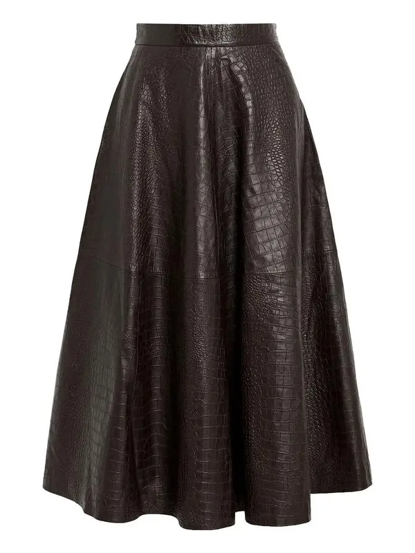 RÓHE Croceffect Leather Midi Skirt - Chocolate