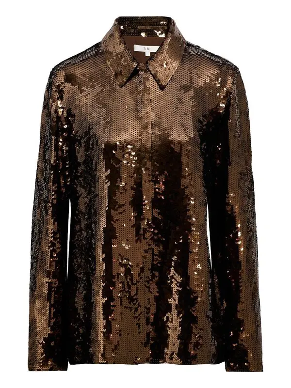 Tibi Sequined Silk Chiffon Shirt - Bronze