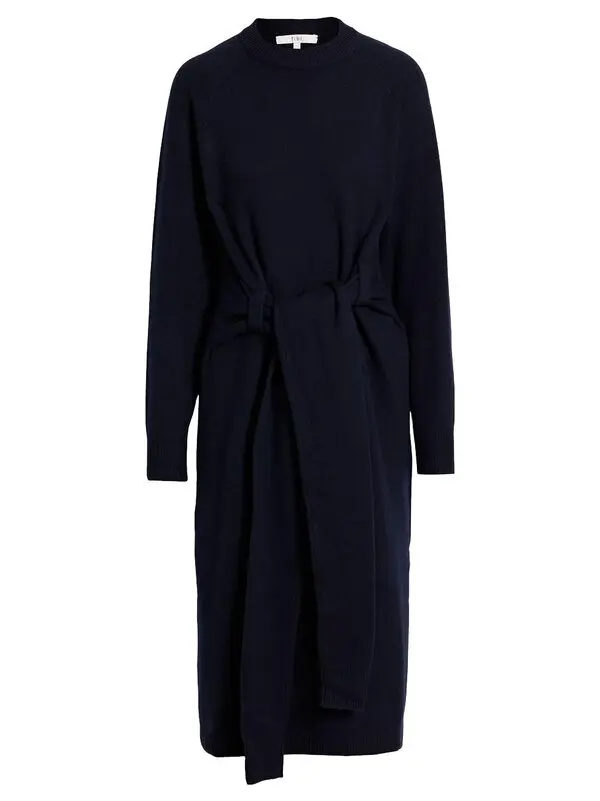Tibi Wool-blend Midi Dress With Waist Ties And Side Slits - Navy