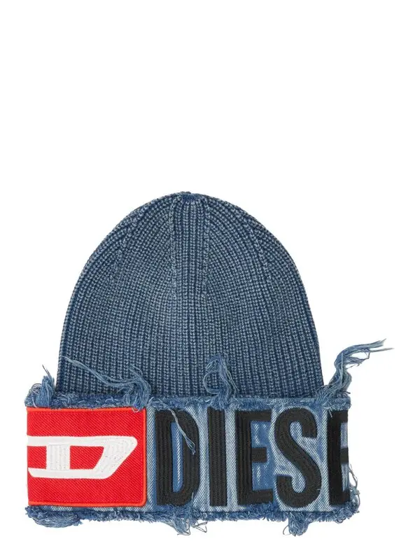 DIESEL® Denim Effect Beanie With Logo Patch - Blue