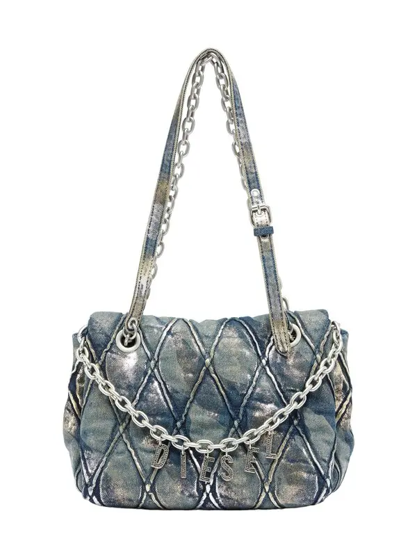 DIESEL® Padded Quilted Denim Shoulder Bag With Chain Detail - Blue