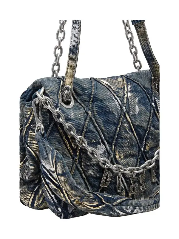 DIESEL® Padded Quilted Denim Shoulder Bag With Chain Detail - Blue