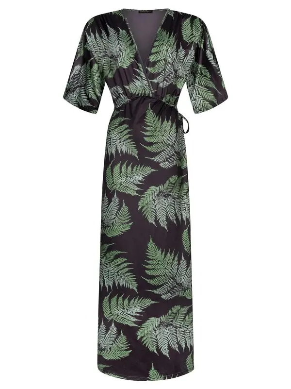 CHIC BY LIRETTE Kimono Maxi Dress With Botanical Print - Black