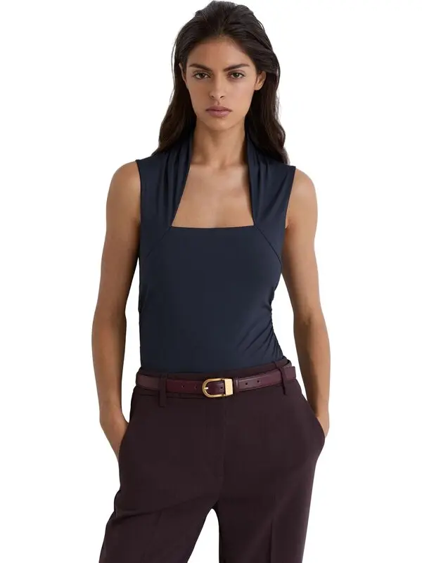 REISS Harri Square-neck Ruched Sleeveless Top - Navy