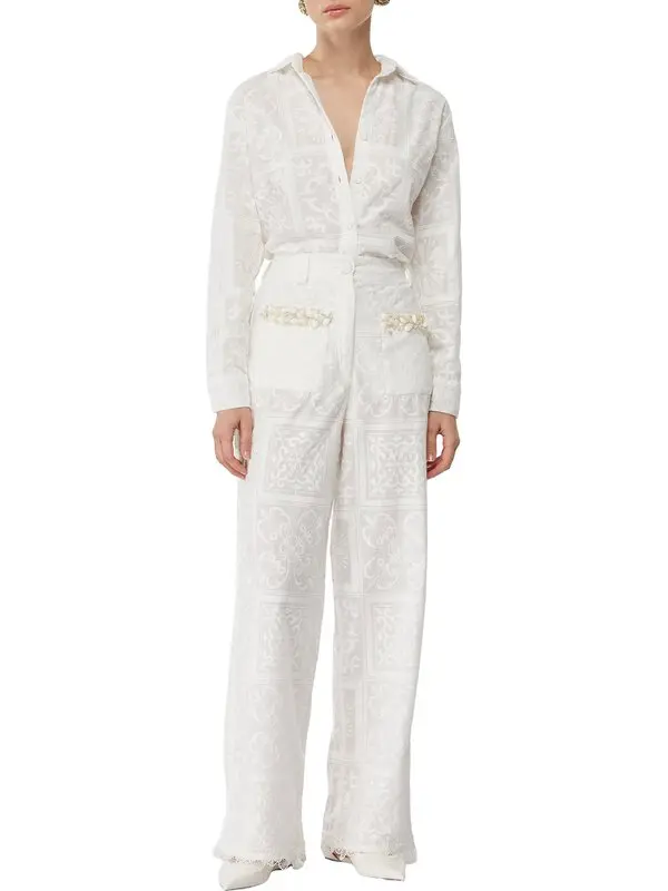Waimari Embroidered Patchwork Wide-leg Pants - White