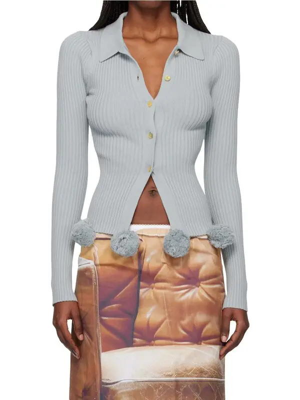 CONNER IVES Ribbed Cardigan With Pom-pom Hem - Grey